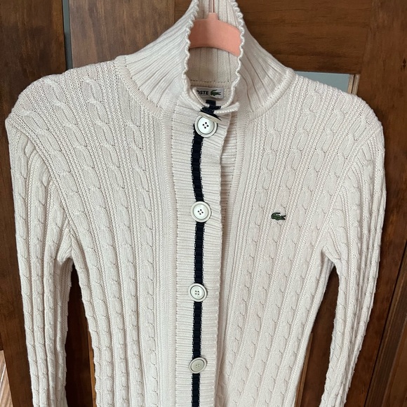 Lacoste | Sweaters | Lacoste Cardigan Sweater Cream With Navy Trim ...